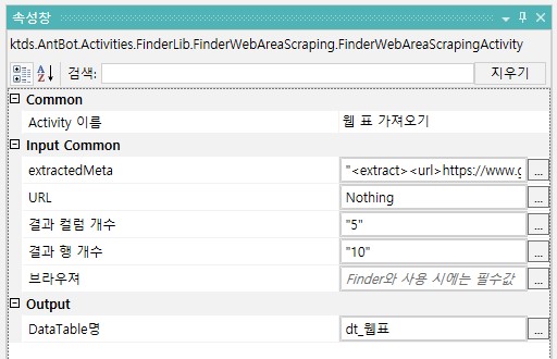 AntBot Studio > Activity > 웹 제어 > 브라우져 > 스크래핑 > 웹 표 가져오기 | ANTBOT 사용자 매뉴얼